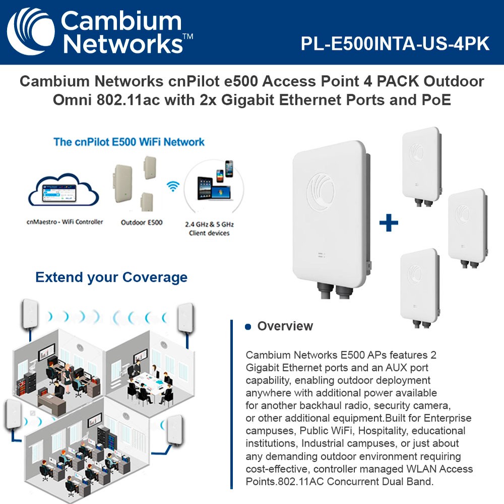 Cambium cnPilot e500 Access Point 4 PACK Outdoor Omni 802.11ac w/ 2x ...