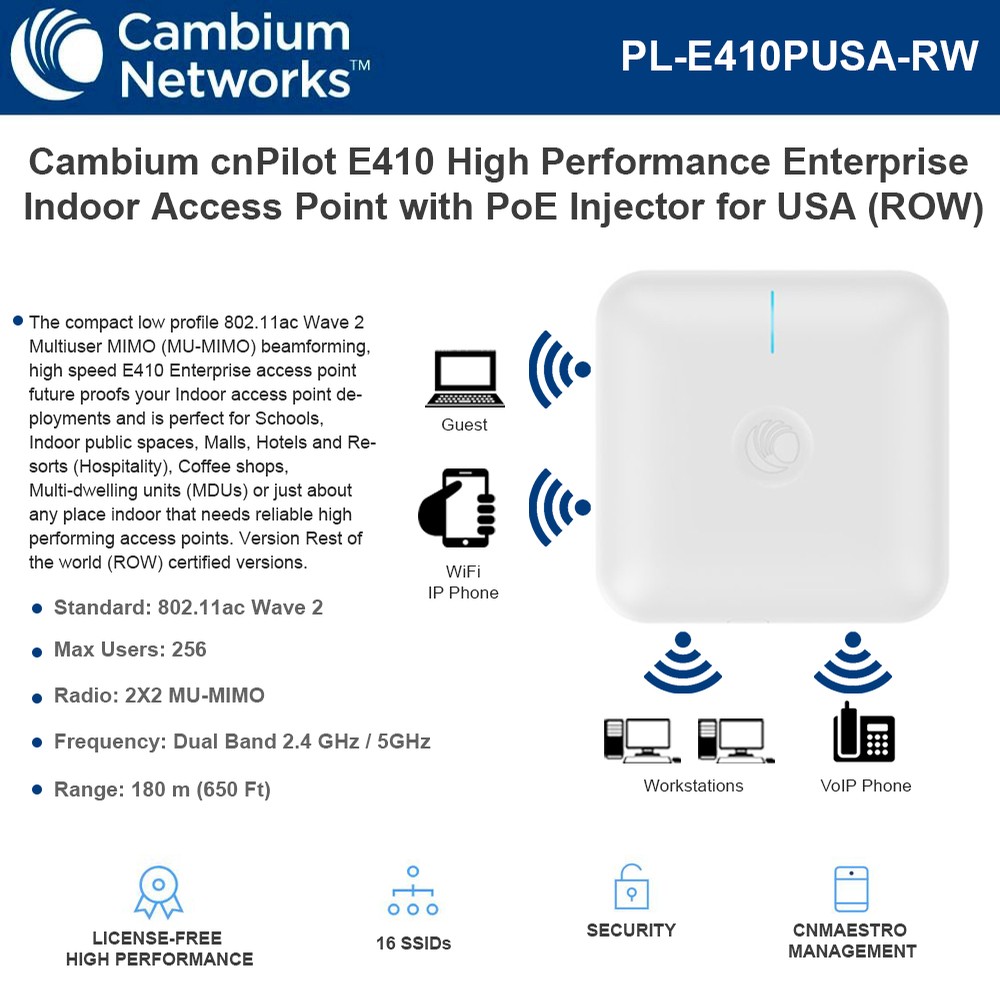 Cambium cnPilot E410 802.11ac Wave 2 Dual Band Indoor Access Point with ...