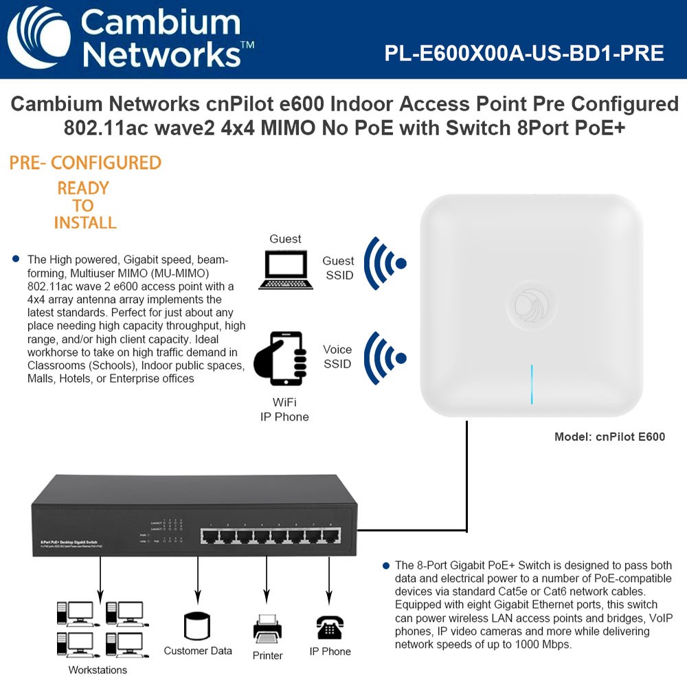 Cambium cnPilot e600 Indoor Access Point Pre Conf 802.11ac wave2 ...