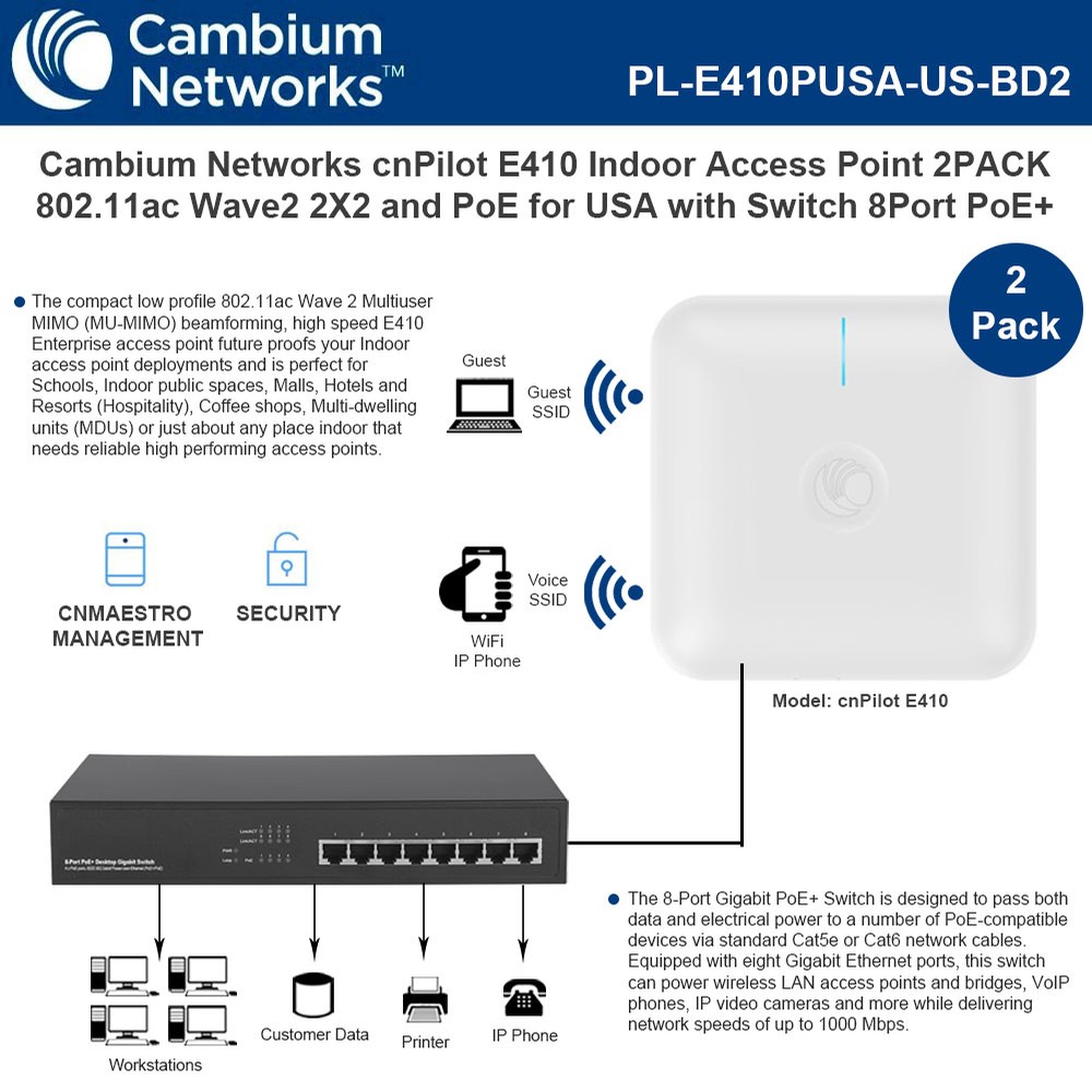 Cambium cnPilot E410 Indoor Access Point 2PACK 11ac Wave2 2X2 and PoE ...