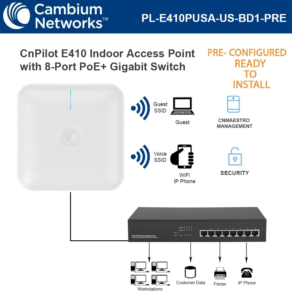 Cambium cnPilot E410 Indoor Access Point Pre Conf 802.11ac Wave2 2X2 ...