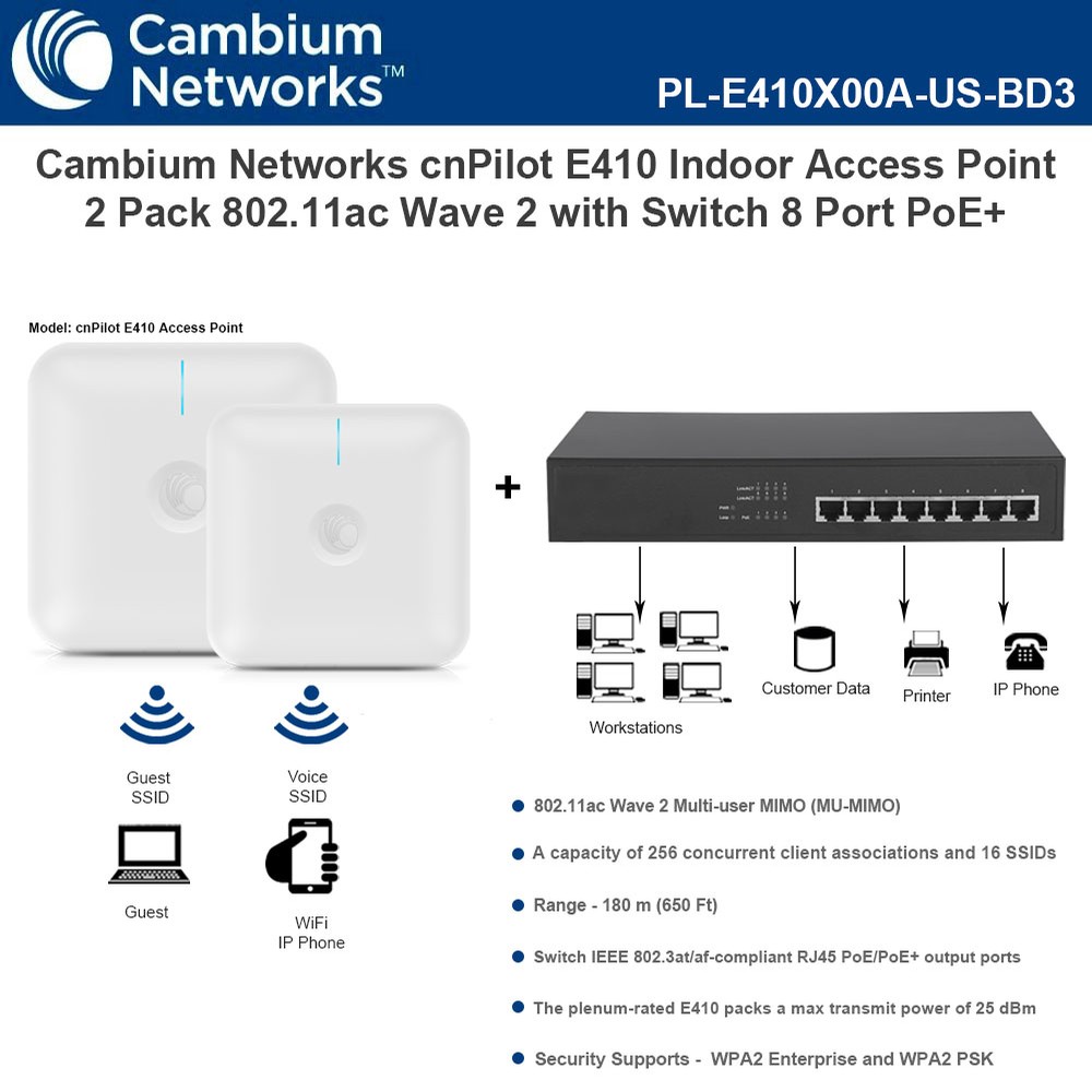 Cambium Networks cnPilot E410 Indoor Access Point 2 Pack 802.11ac Wave ...