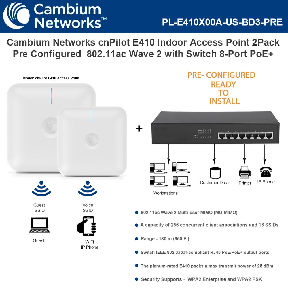 Cambium cnPilot E410 Indoor Access Point 2Pack Pre Configured 802.11ac ...