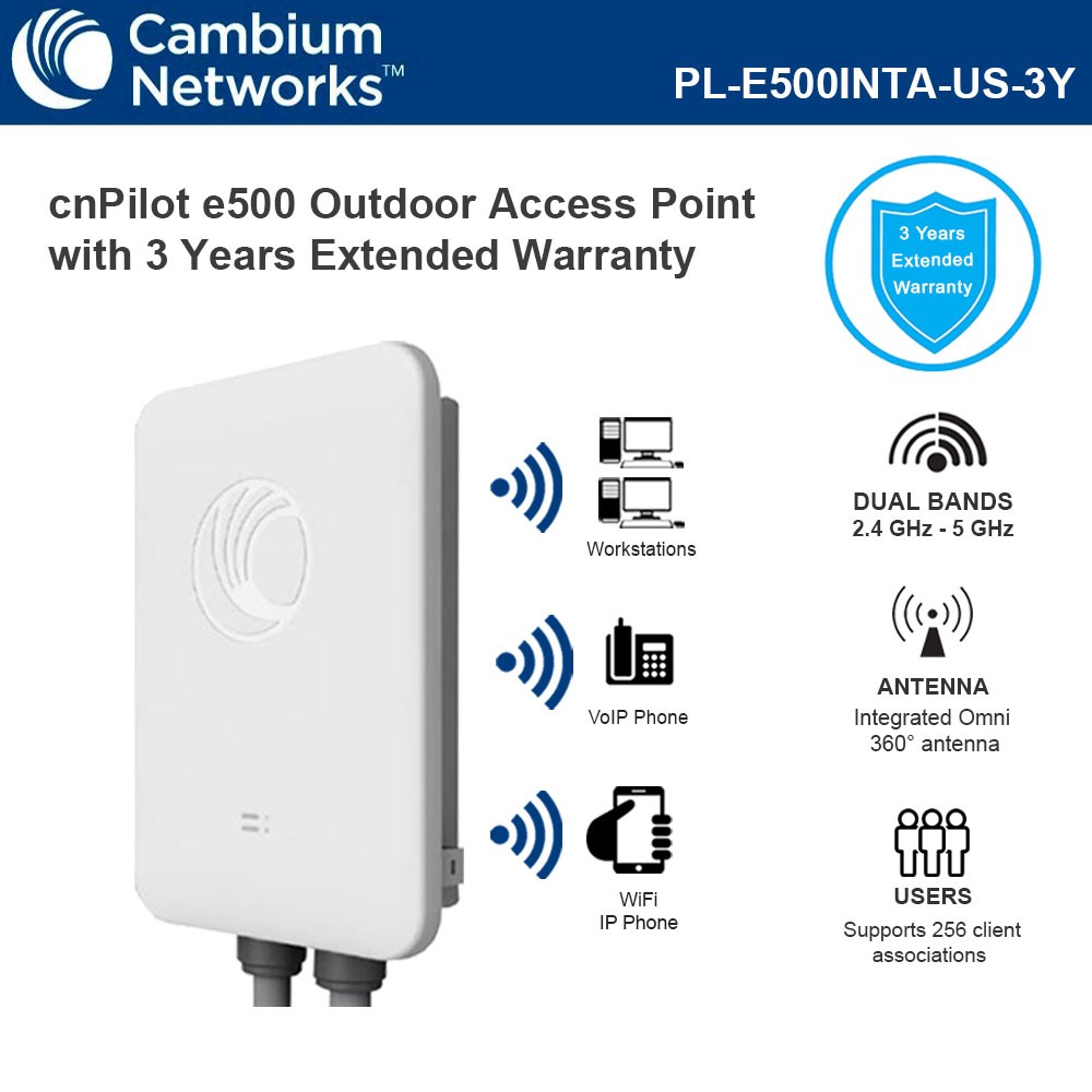 Cambium cnPilot e500 Access Point Outdoor Omni Antenna 802.11ac PoE + 3 ...