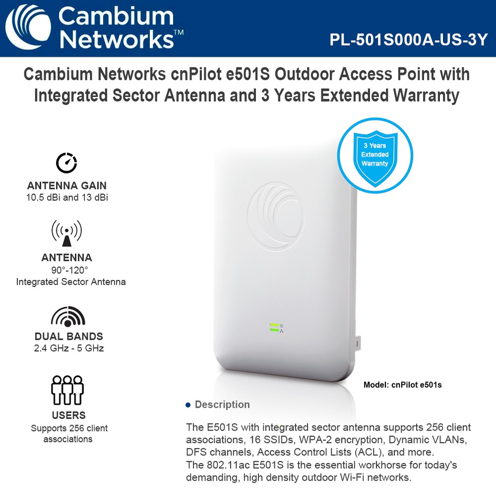 Cambium cnPilot e501S Outdoor Access Point w/ Integrated Sector Antenna + 3 Years Extended Warranty