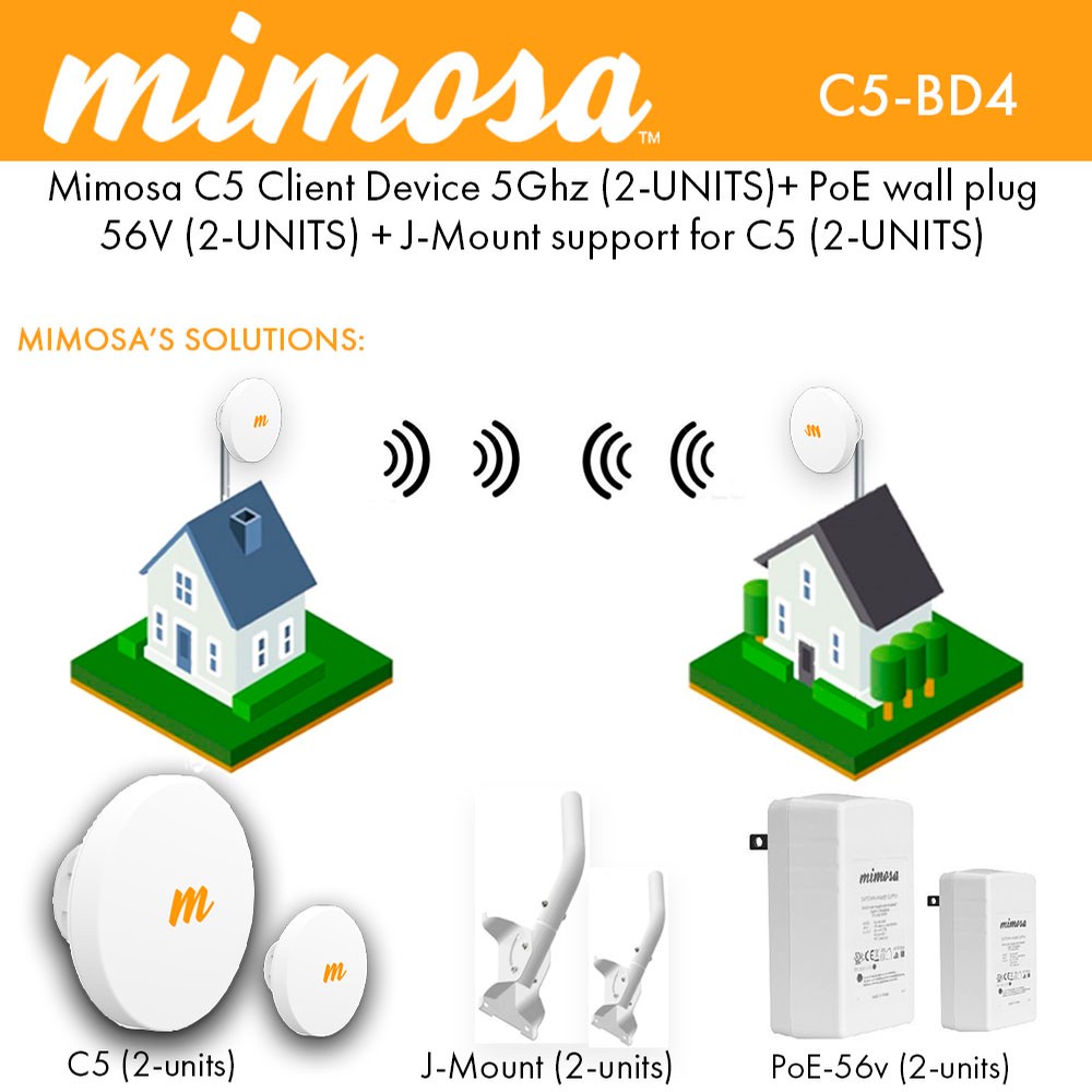 Mimosa C5 Client Device 5Ghz (2-PACK) + Mimosa PoE-56V (2-PACK) + J-Mount support (2-PACK)