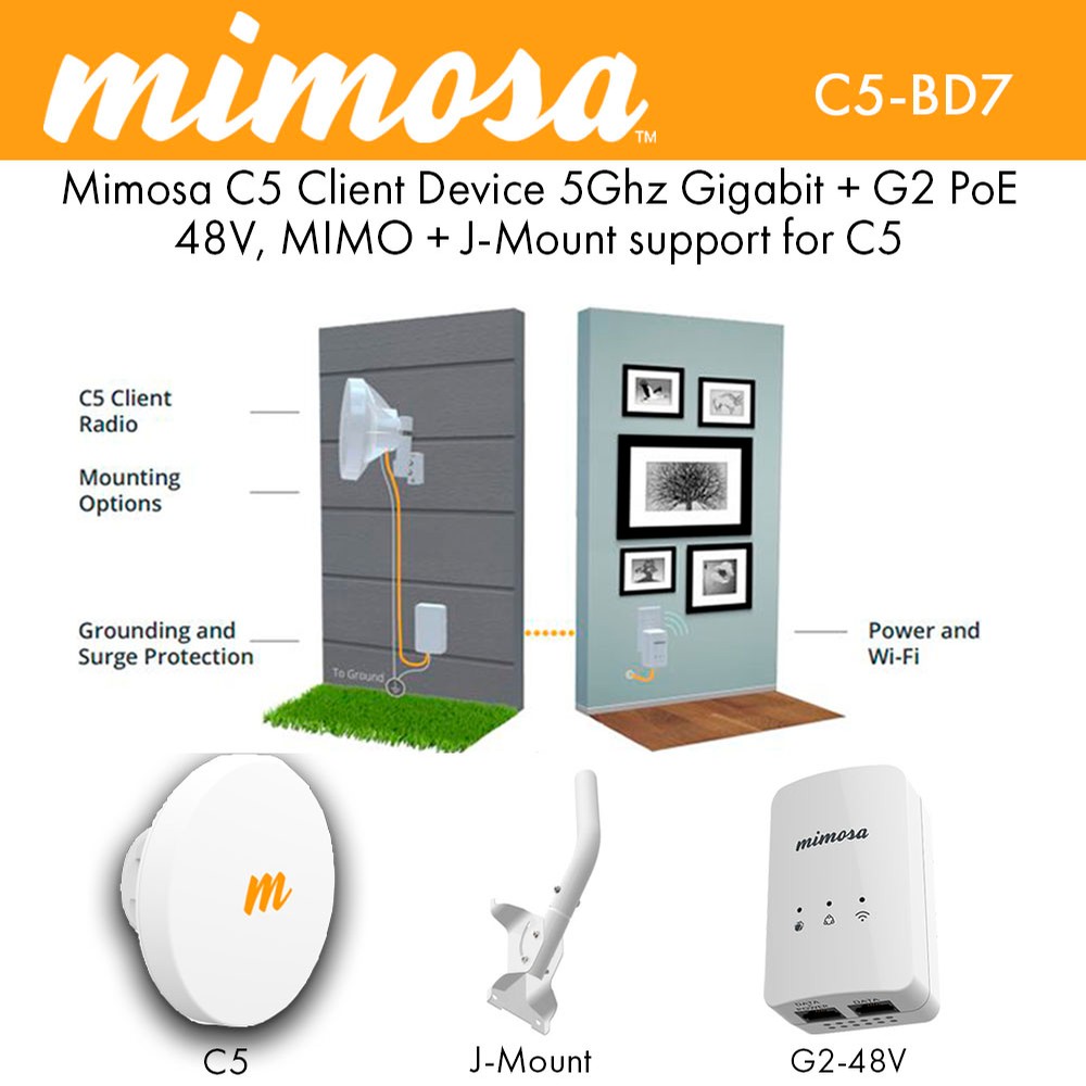 Mimosa C5 Client Device 5Ghz Gigabit CPE + G2 PoE 48v MIMO 16 dBm + J ...