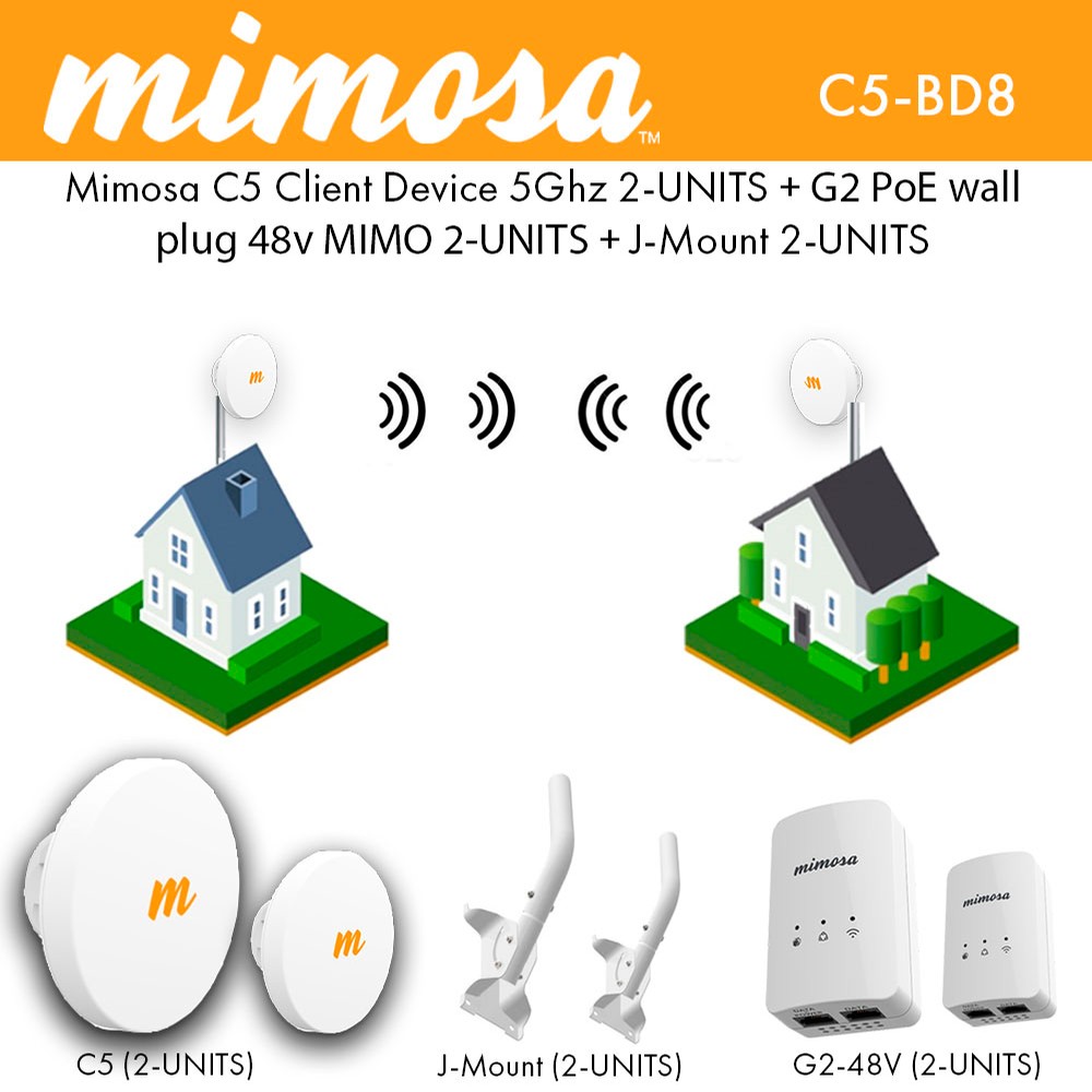 Mimosa C5 Client Device 5Ghz (2PACK) + G2 PoE 48v MIMO (2PACK) + J ...