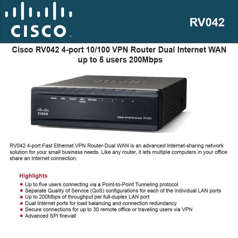 Cisco Router RV042 Fast Ethernet Up to 5 users offers 200 Mbps - Dual ...