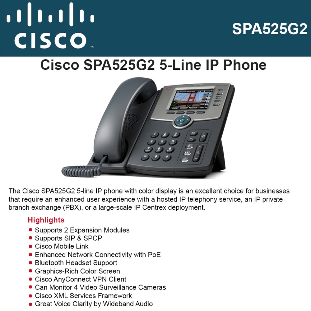 Cisco SPA525G2 5-Line IP Phone VoIP 802.11g 3.2 Color Display Bluetooth ...