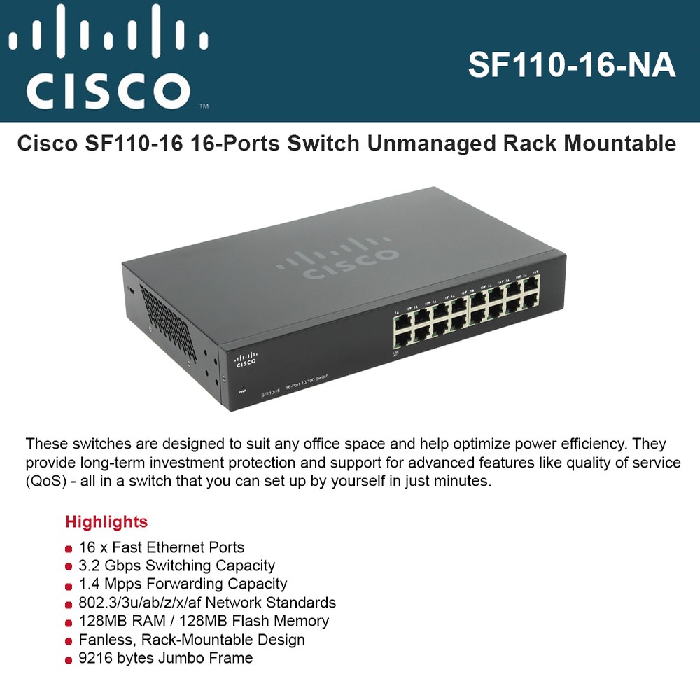 Cisco SF110-16 Switch Unmanaged 16 x 10/100 Rack-Mountable