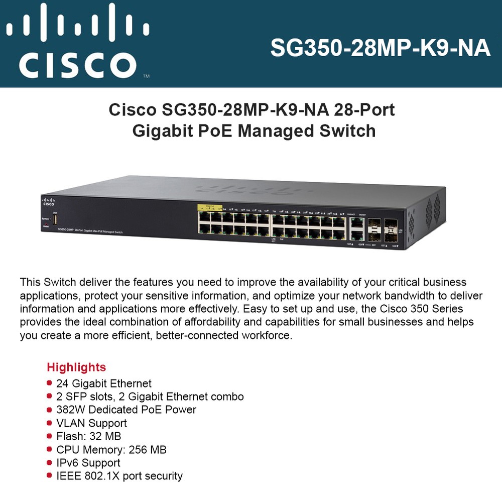 Cisco SG350-28MP-K9-NA 28-Port Managed Gigabit Switch PoE
