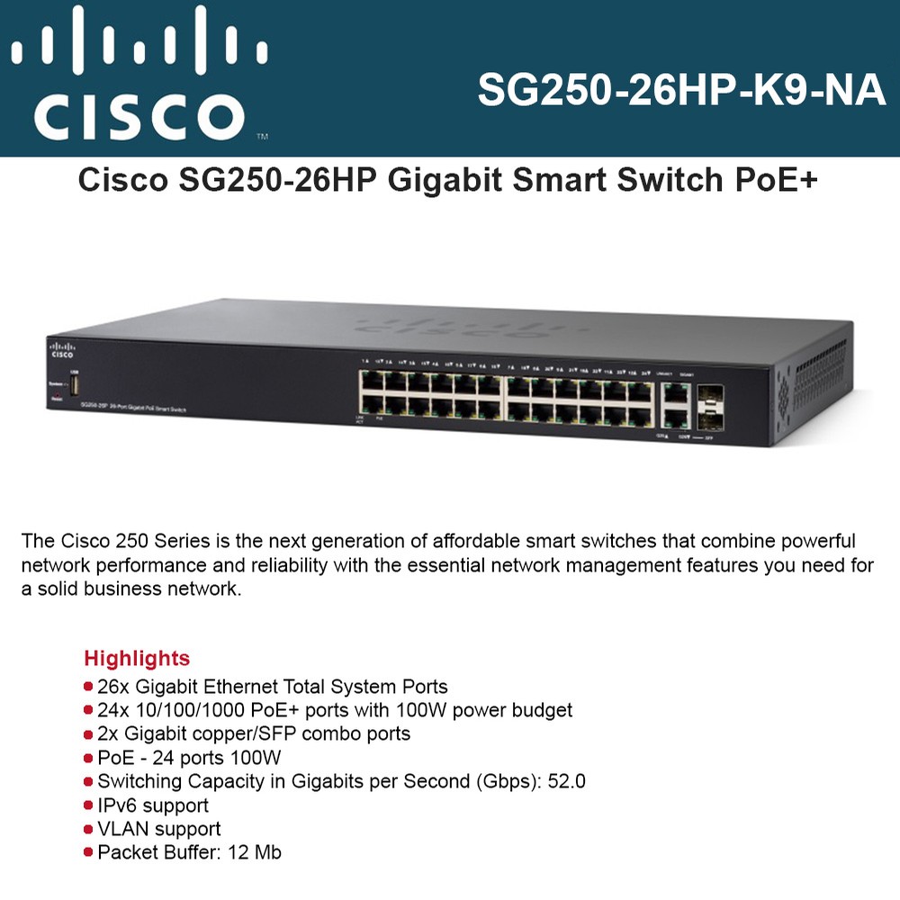 Cisco SG250-26HP 26-Port Gigabit Smart Switch PoE+ 100W