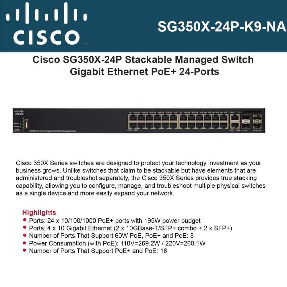 Cisco SG350X-24P Stackable Managed Switch Gigabit Ethernet PoE+ 24-Ports