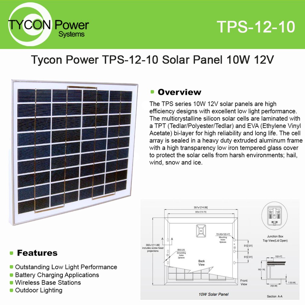 Tycon Power TPS-12-10 10W 12V Solar Panel 14 x 12