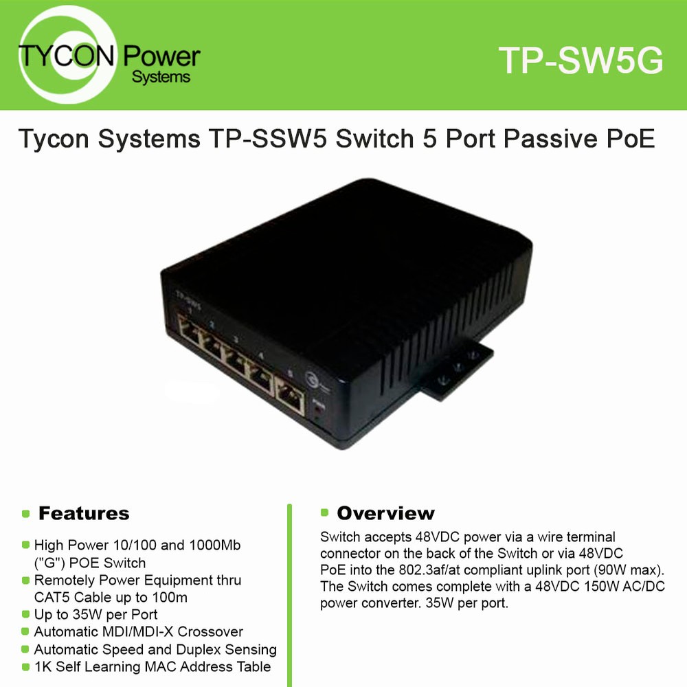 Tycon Power TP-SW5G 5 Port High Power 802.3af POE Gigabit Switch with ...