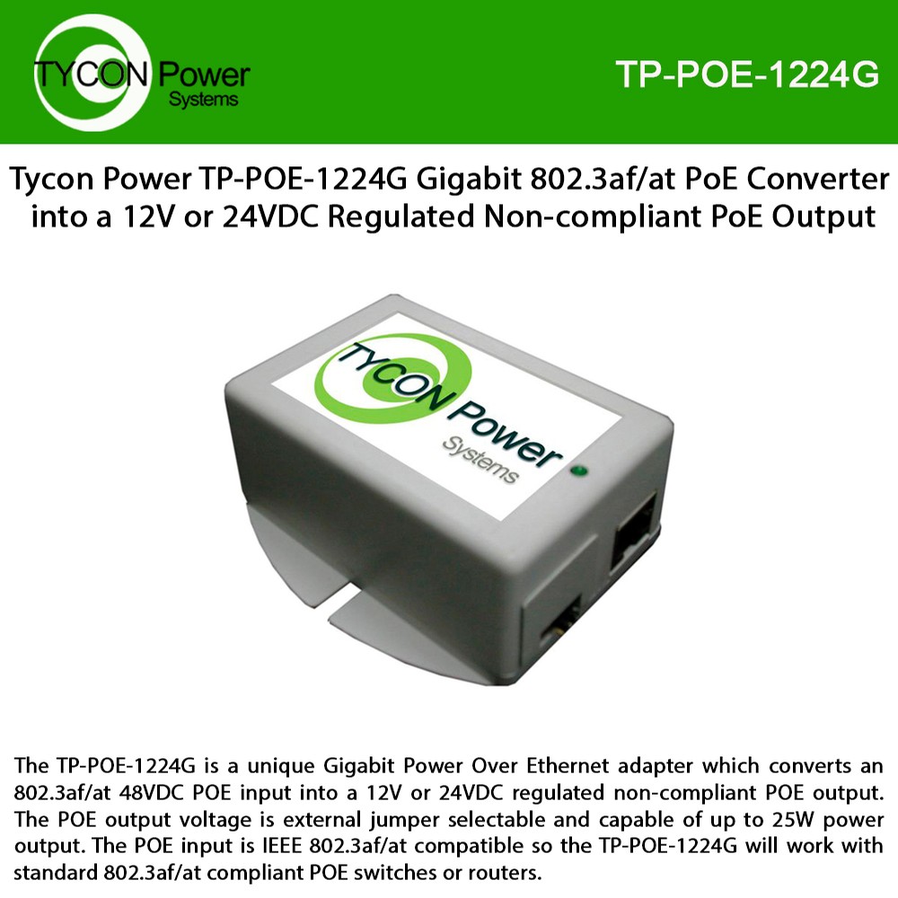 Tycon Power TP-POE-1224G Gigabit 802.3af/at PoE Converter into a 12V or ...
