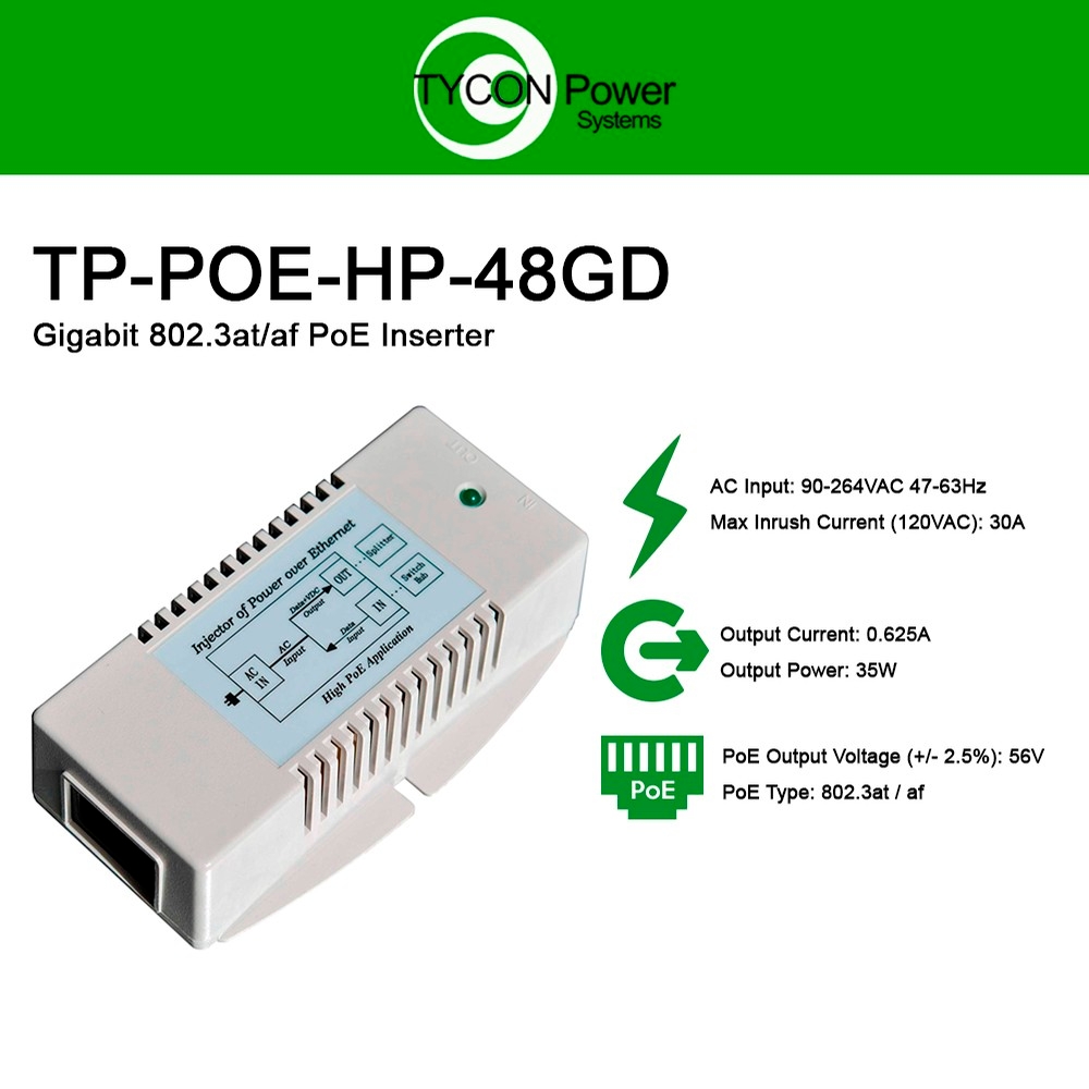 Tycon Power TP-POE-HP-48GD | 100-240VAC Input, 56V 802.3at Gigabit PoE ...