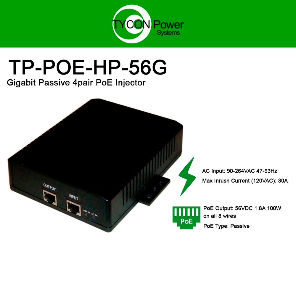 Tycon Power TP-POE-HP-56G | 100-240VAC Input, 56V 4Pair Gigabit Passive ...