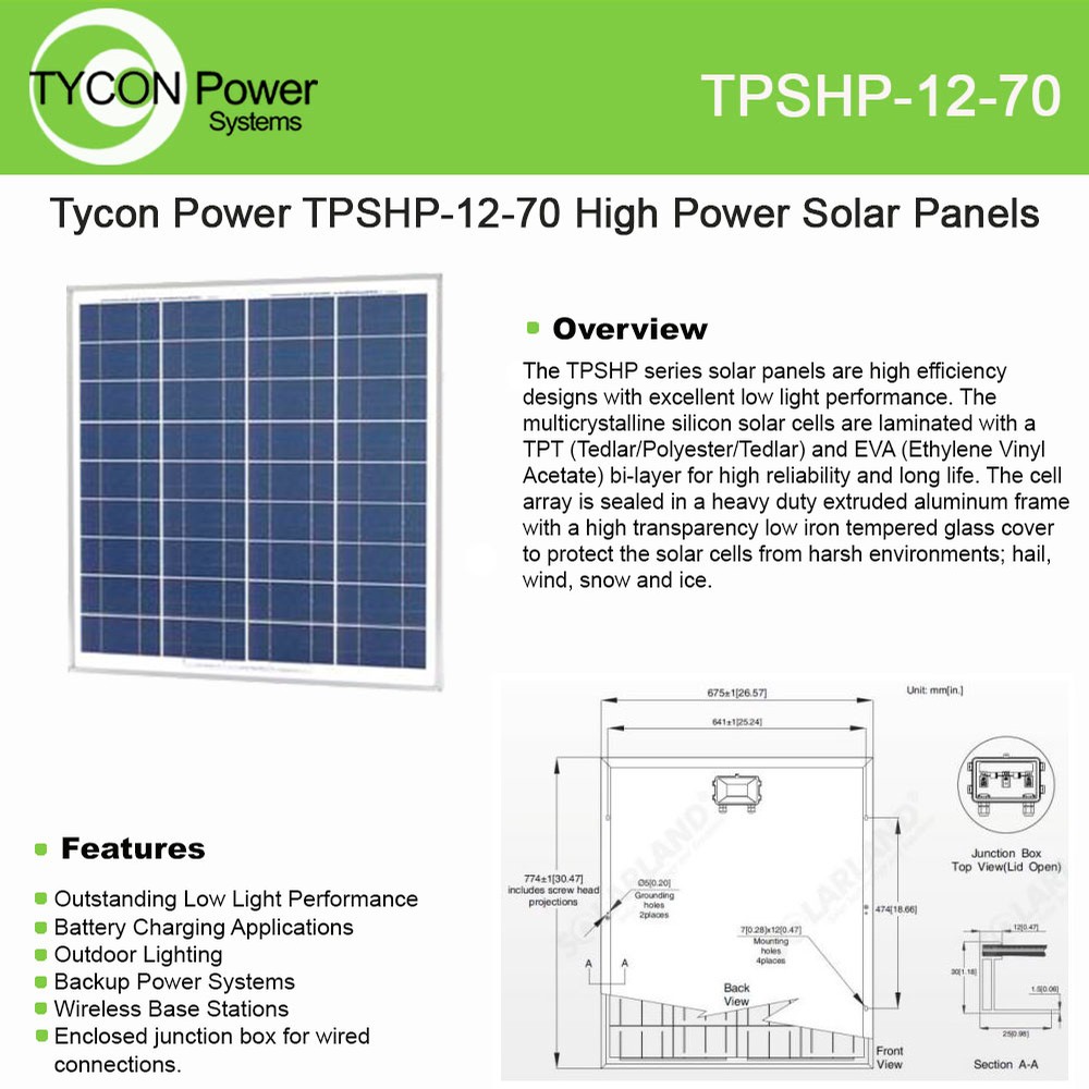 Tycon Power Systems TPSHP-12-70 70W 12V Solar Panel - 30 x 25