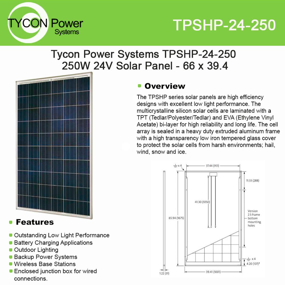 Tycon Power Systems TPSHP-24-250 250W 24V Solar Panel - 66 x 39.4