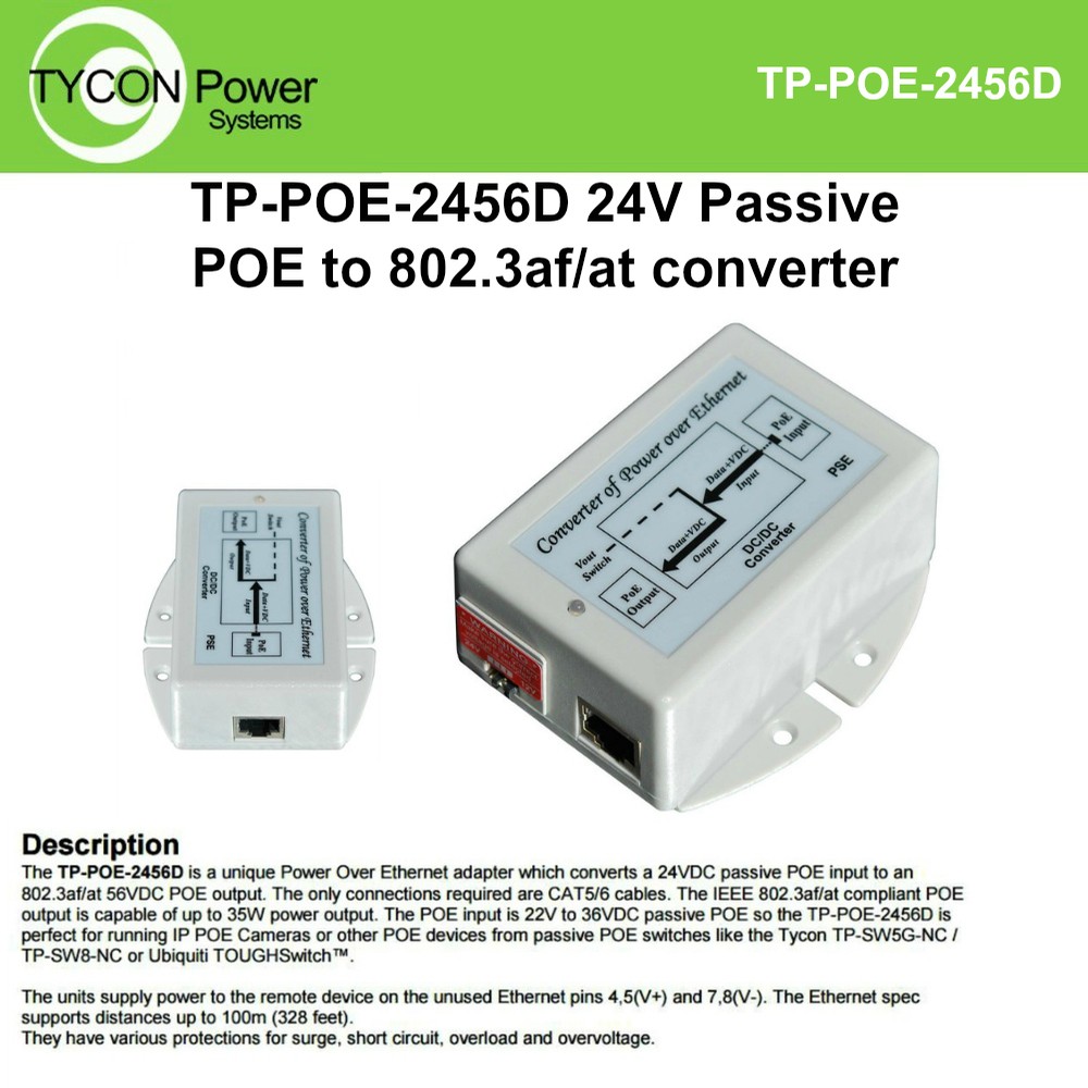 Tycon Power PoE converter TP-POE-2456D 24VDC Passive PoE IN to 802.3af ...