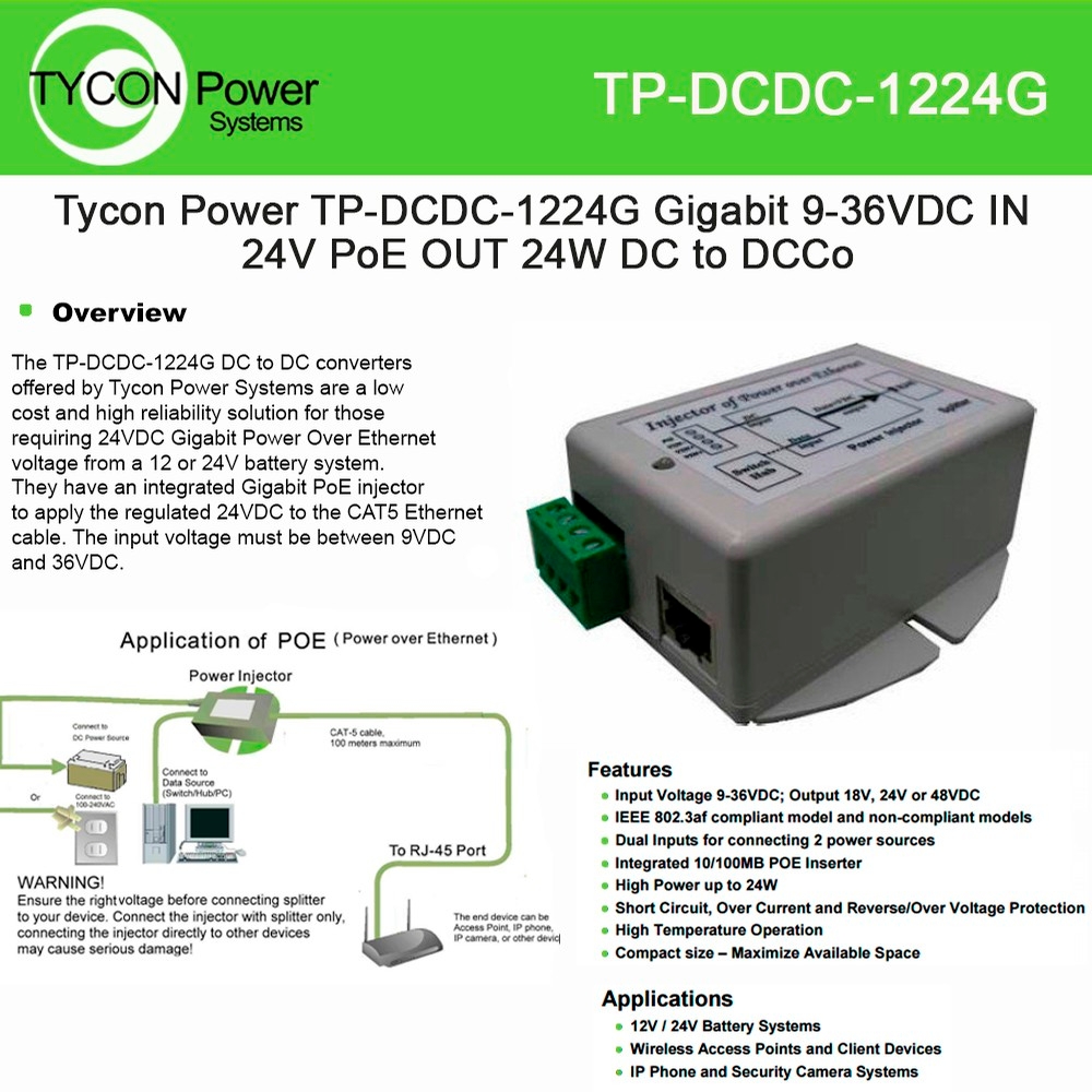 Tycon Power TP-DCDC-1224G | 10-36VDC Input, 24V Passive Gigabit PoE ...