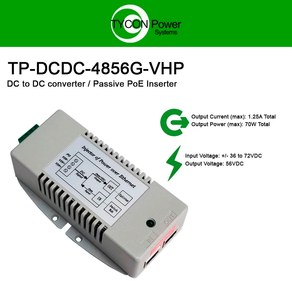 Tycon TP-DCDC-4856G-VHP Gigabit 36-72V IN DC to DC converter w/ Passive ...