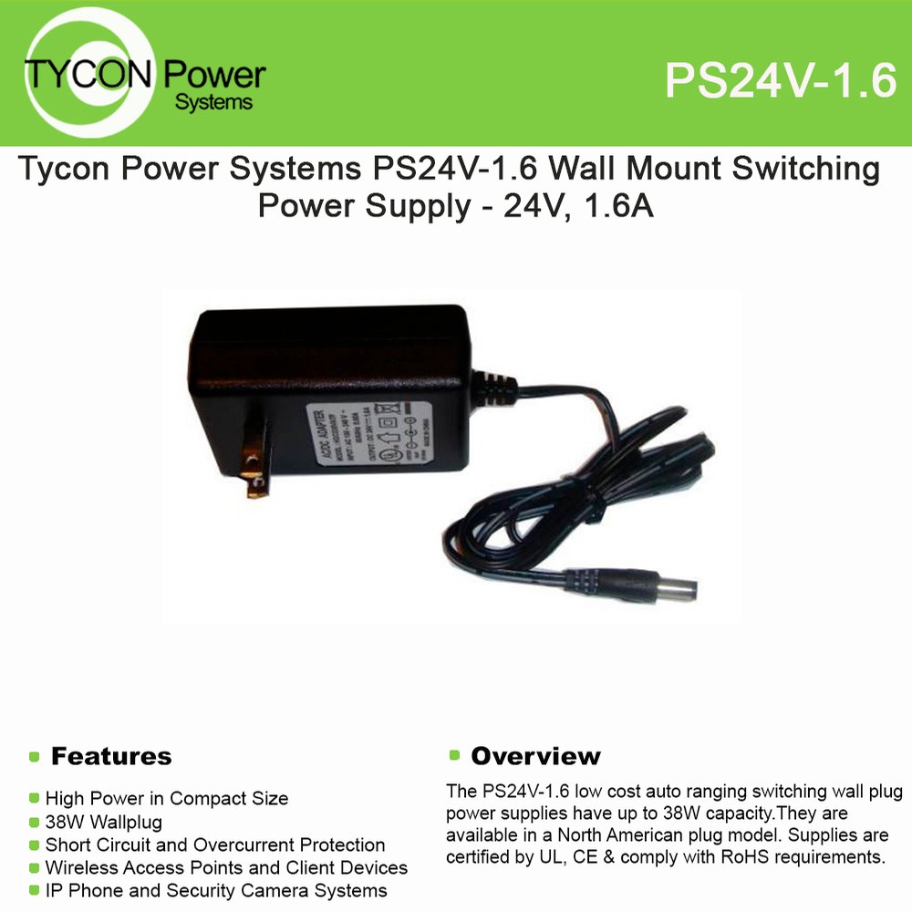 Tycon Power Systems PS24V-1.6 Wall Mount Switching Power Supply. 24V 1.6A