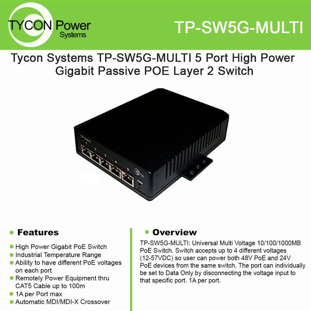 Tycon Power Systems TP-SW5G-MULTI 5 Port Multi-volt gigabit Passive PoE ...