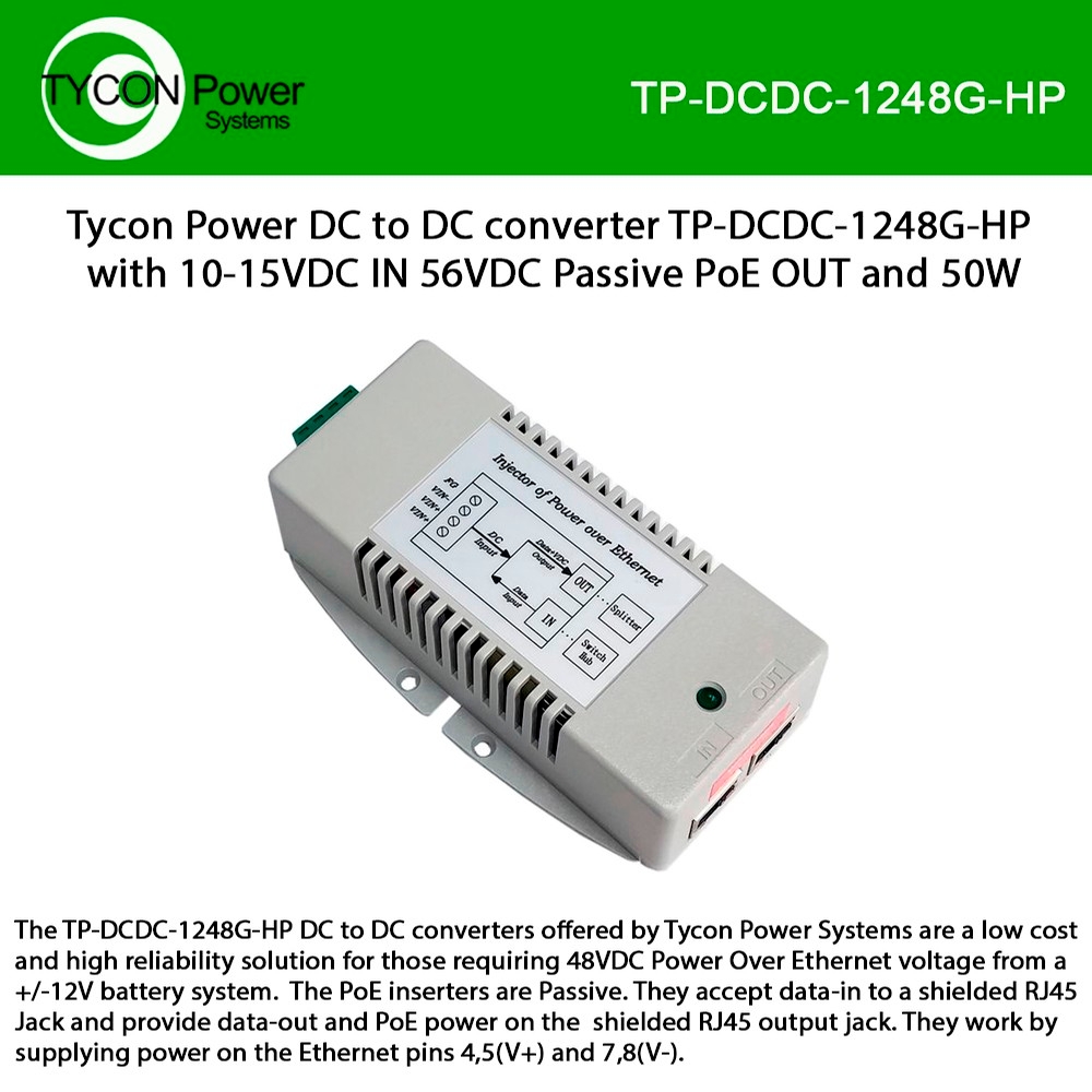 Tycon Power TP-DCDC-1248G-HP 10-15VDC Input, 56V Gigabit Passive PoE ...