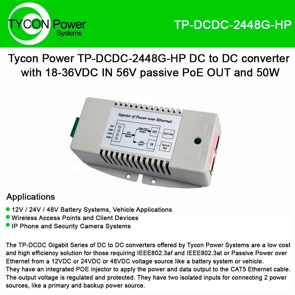 Tycon Power TP-DCDC-2448G-HP 18-36VDC Input, 56V Passive PoE Output, 50W