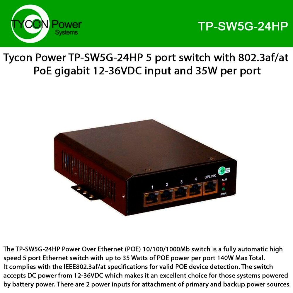 Tycon Power TP-SW5G-24HP 5 port switch with 802.3af/at PoE gigabit 12 ...