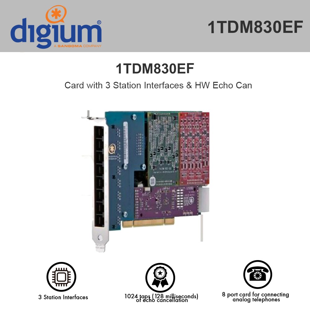 Digium - 1TDM830EF Digium card with 3 Station Interfaces & HW Echo Can.