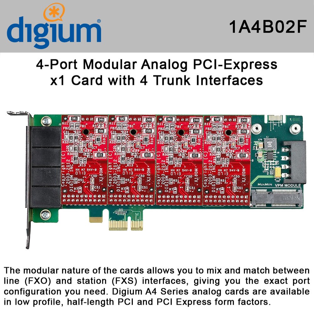 Digium 1A4B02F 4-Port Modular Analog PCI-Express x1 Card with 4 Trunk ...