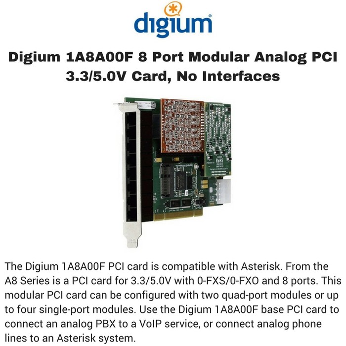 Digium 1A8A00F 8 Port Modular Analog PCI 3.3/5.0V Card, No Interfaces
