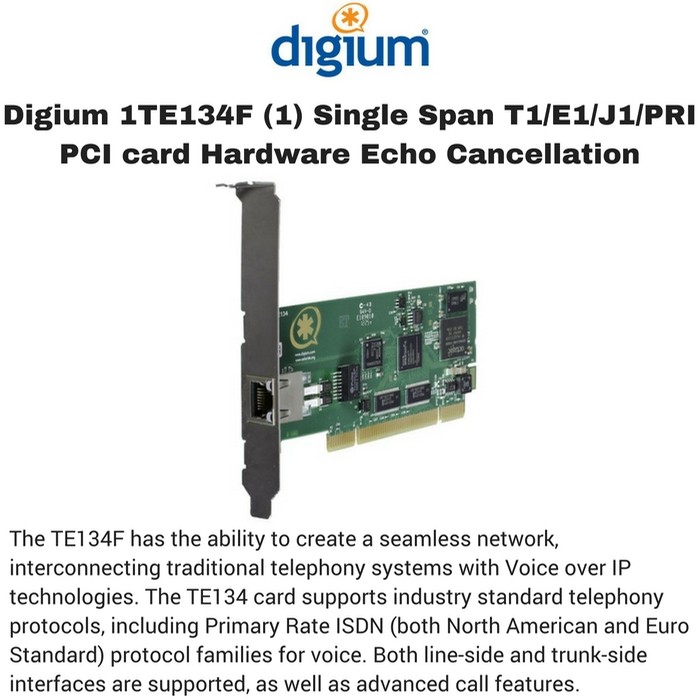 Digium 1TE134F (1) Single Span T1/E1/J1/PRI PCI card with Hardware Echo ...