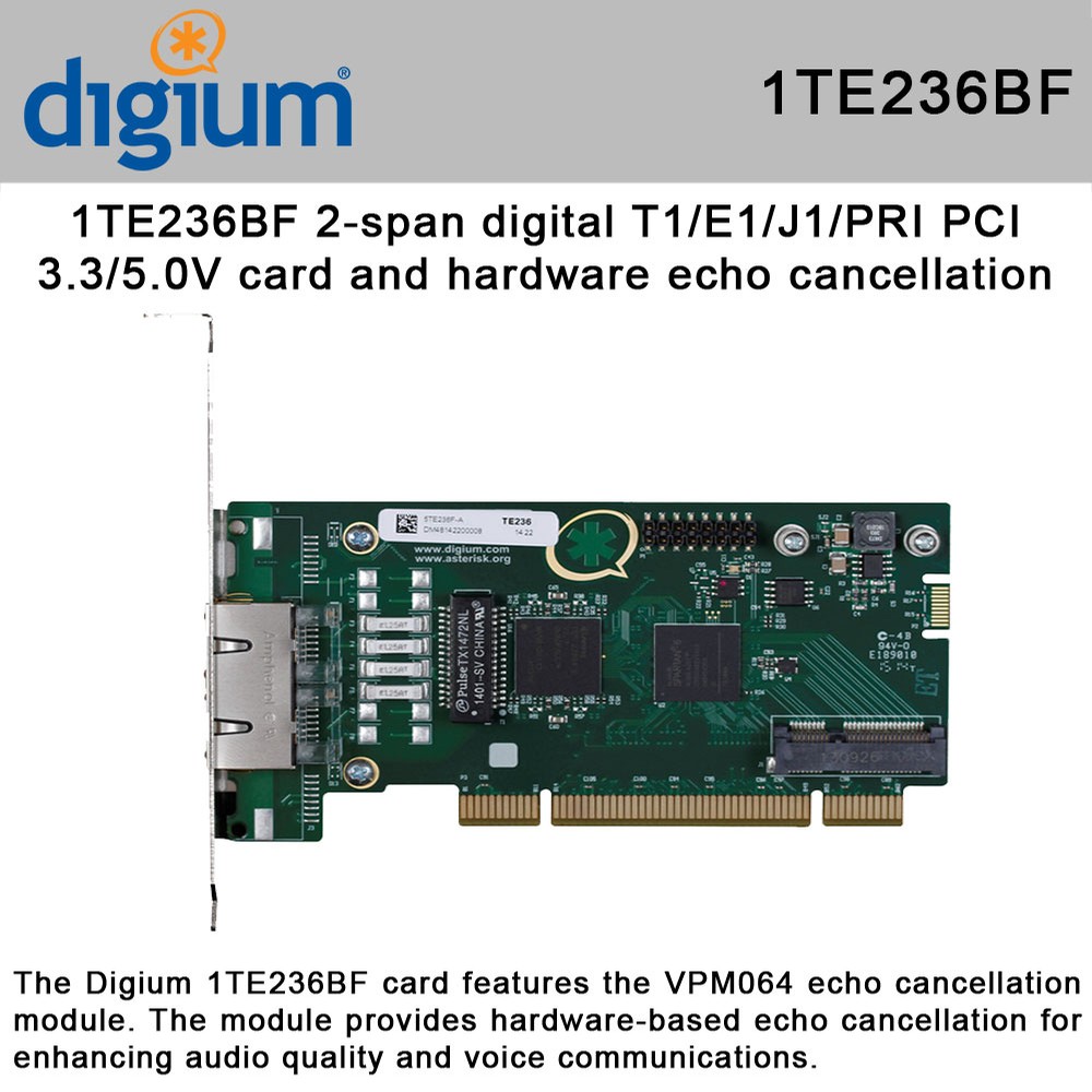Digium 1TE236BF Two (2) span digital T1/E1/J1/PRI PCI 3.3/5.0V card and ...