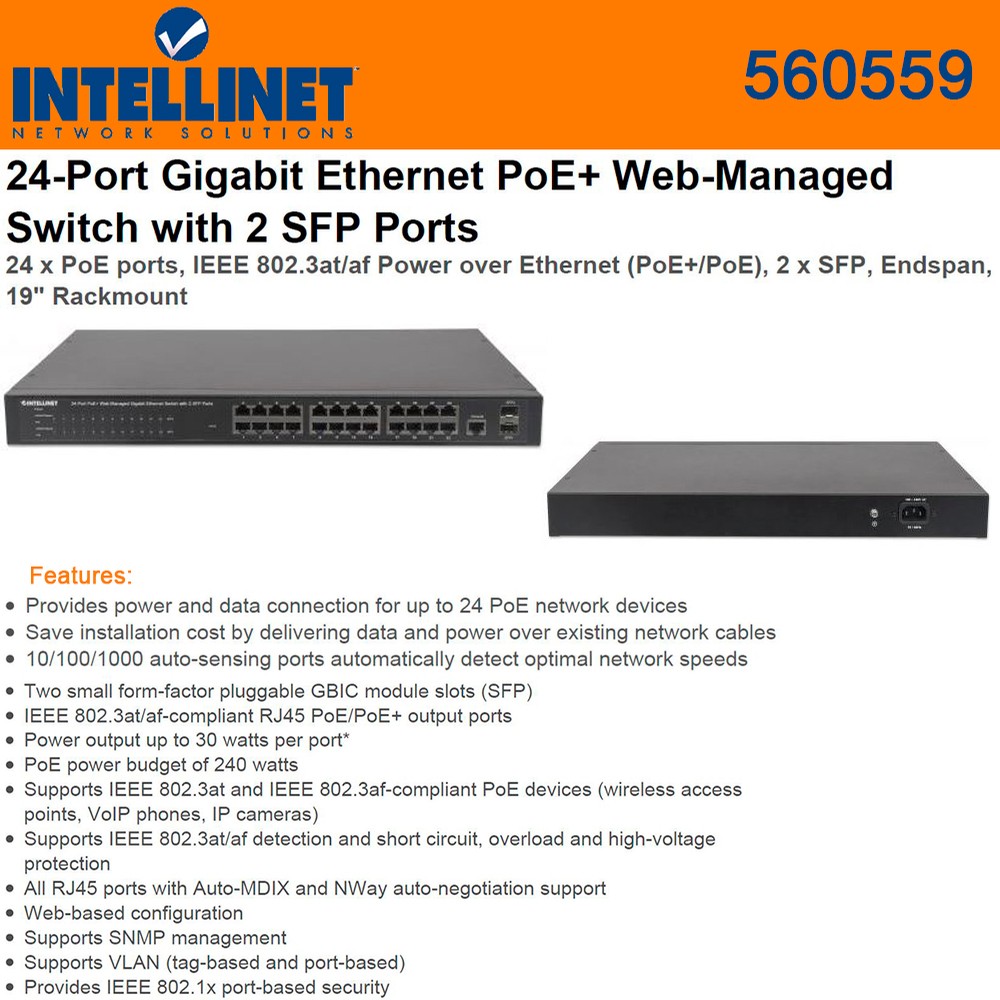 Intellinet Network Managed Switch 560559 24-Port Gigabit Ethernet PoE+ ...