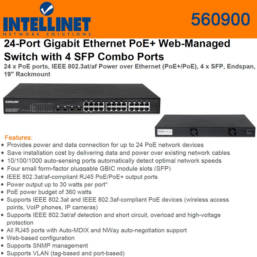 Intellinet 560900 Gigabit Ethernet PoE+ Web-Managed Swtich 24-Port + 4 ...