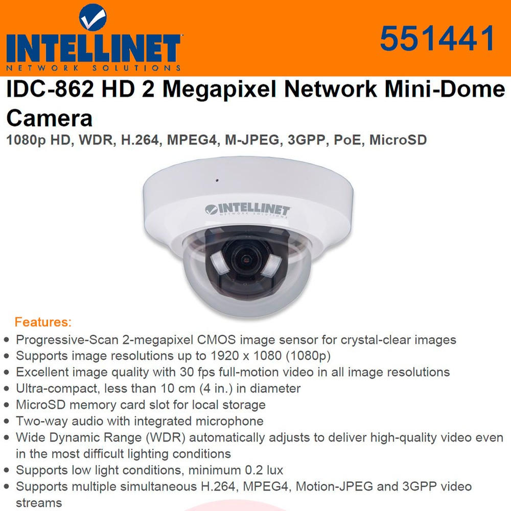 Intellinet IDC-862 HD 551441 2 Megapixel Network Mini-Dome Camera 1080p ...