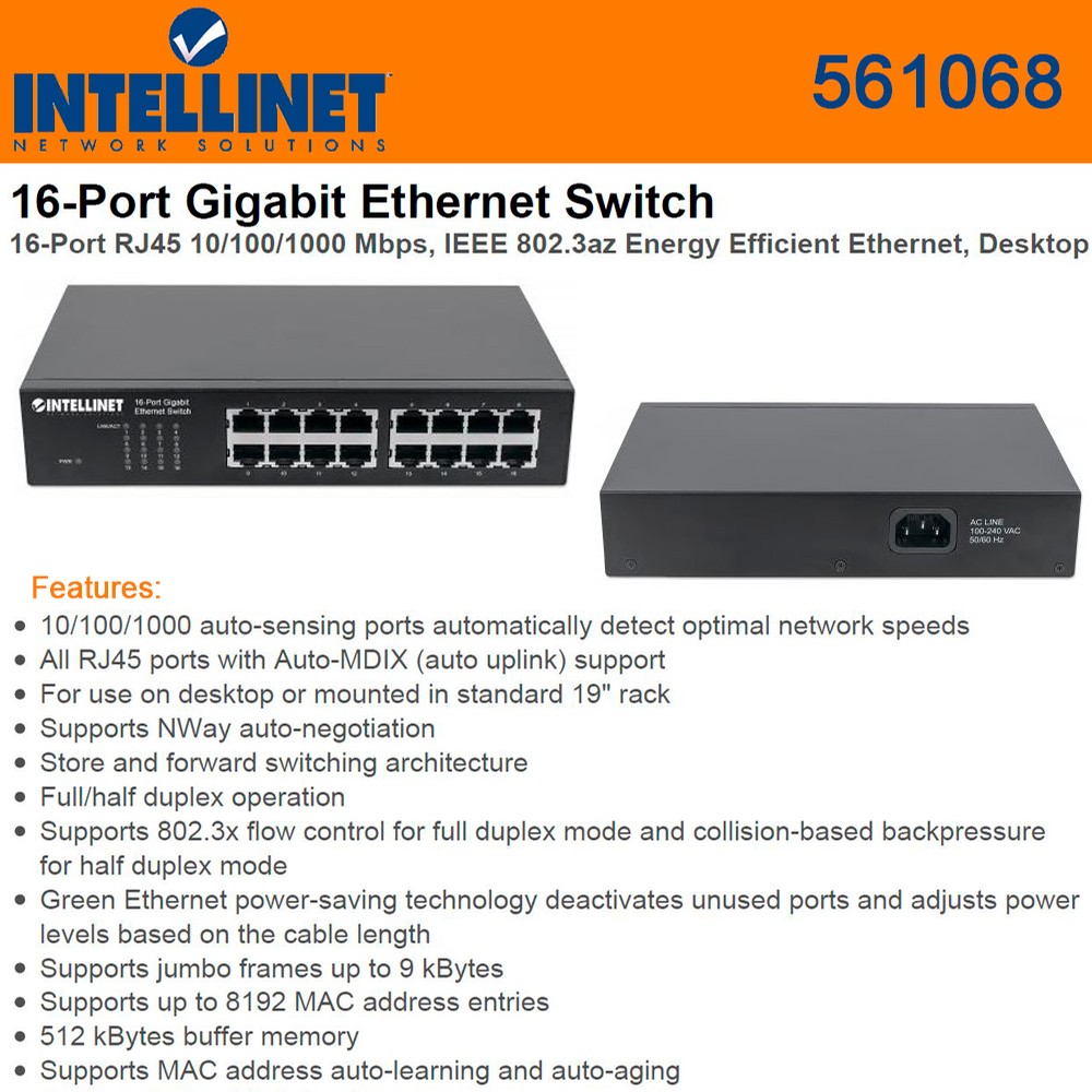 Intellinet 16-Port Gigabit Ethernet Switch 56106 IEEE 802.3az Desktop ...