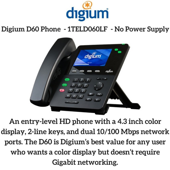 Digium 1TELD060LF D60 Phone, 2-Line SIP with HD Voice, No Power Supply