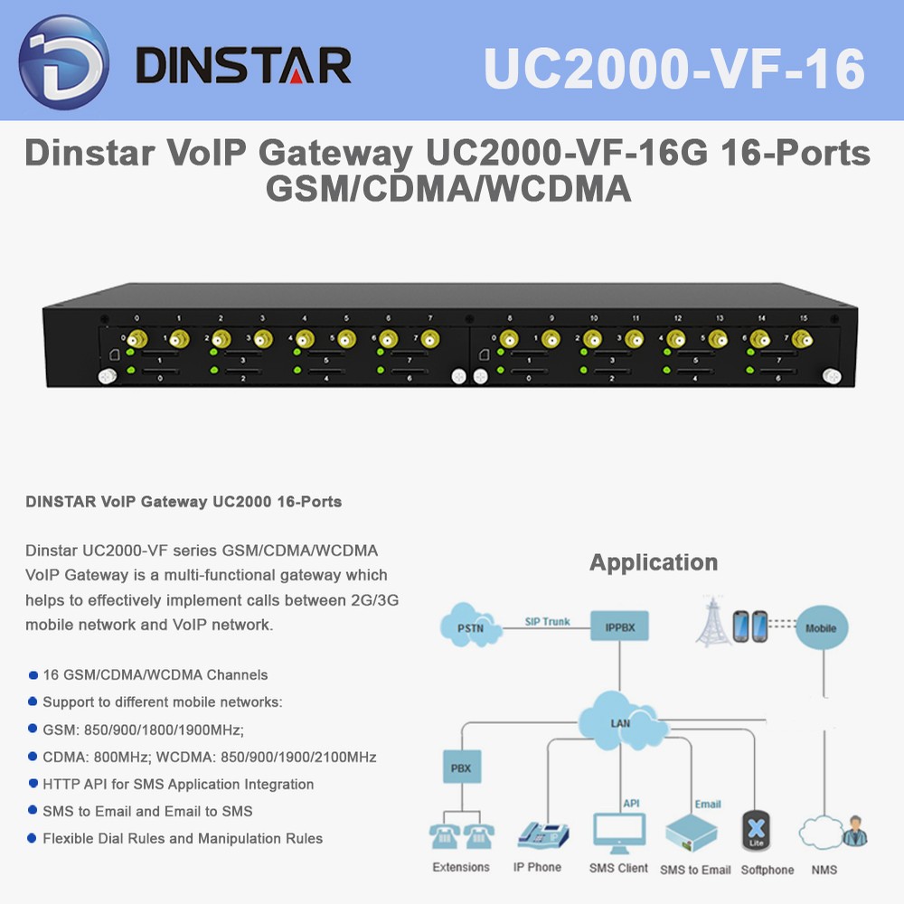 Dinstar UC2000 VF 16G 16 channel GSM WCDMA 2G 3G VoIP Gateway 1U Standalone