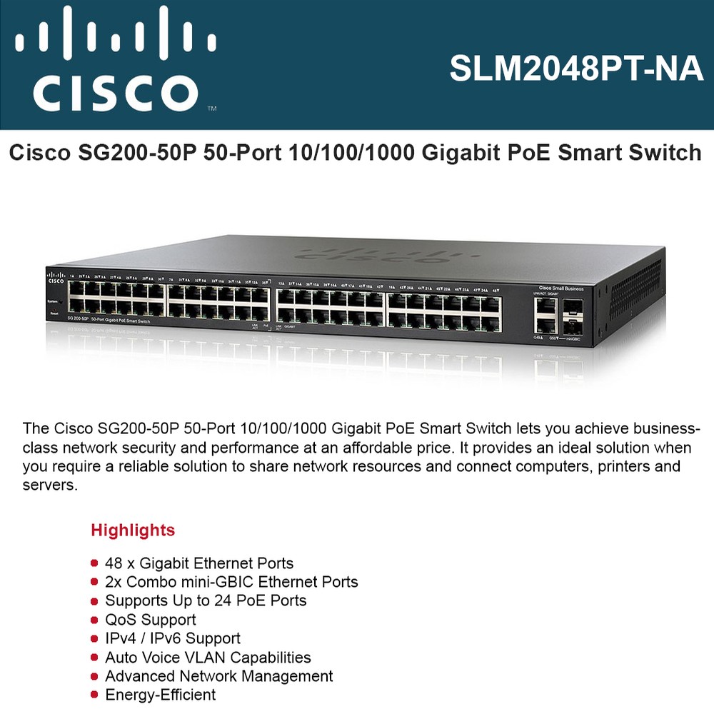 Cisco SG200-50P 50-port Gigabit PoE 180W Smart Switch 48 x 10/100/1000 ...