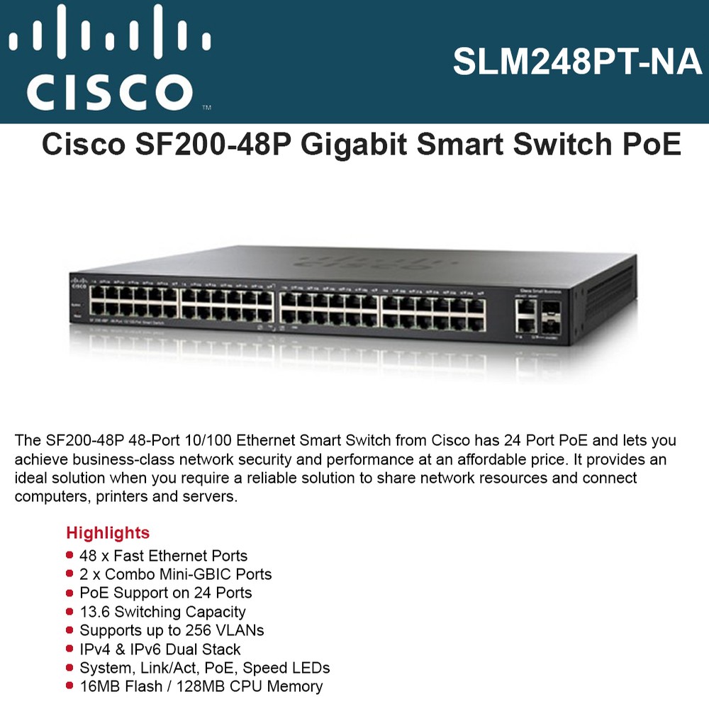 Cisco SF200-48P 48-Port 10/100 2 x Gigabit SFP PoE 180W Smart Switch