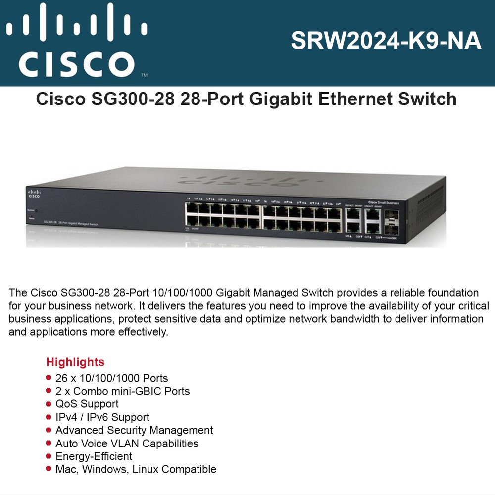 Cisco SG300-28 Managed Switch, 26x10/100/1000 + 2xCombo Gigabit SFP