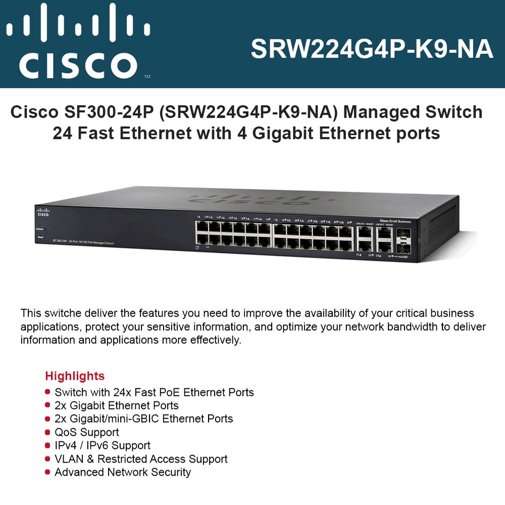 Cisco SF300-24P Managed Switch 24 Fast Ethernet w/ 4 Gigt Ethernet ports