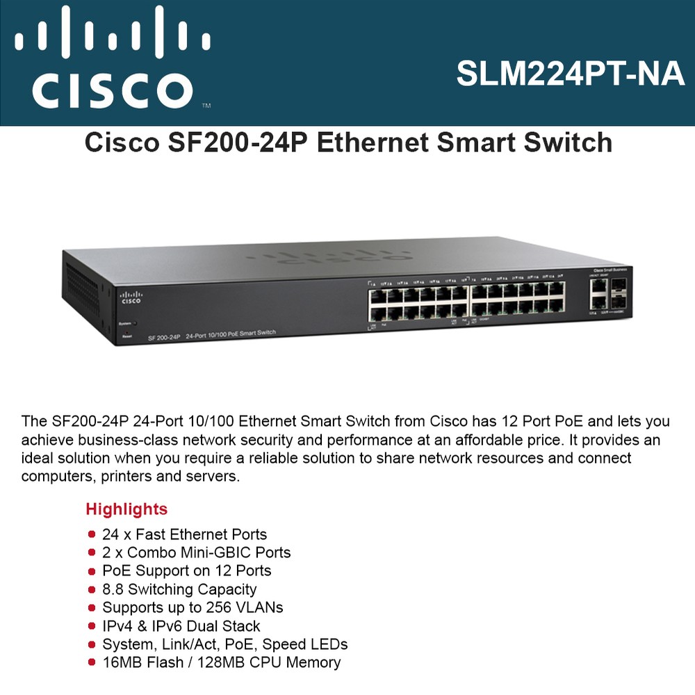 Cisco SF200-24P 24-Port 10/100 PoE Smart Switch 12xPoE + 2xGigabit SFP