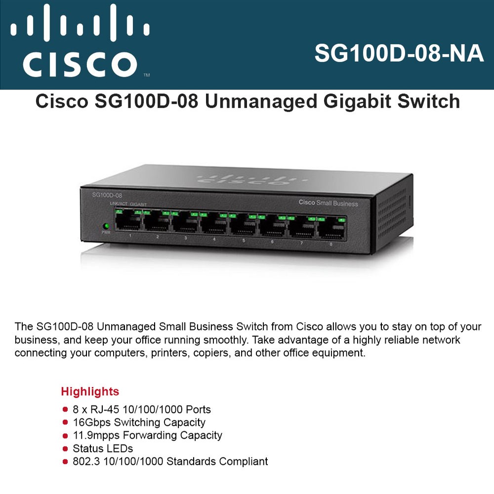 Cisco 100 Series SG100D-08-NA Unmanaged Gigabit Switch 8 x 10/100/1000